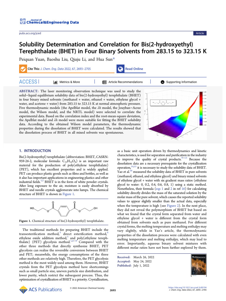 Yuan Et Al 2022 Solubility Determination and Correlation For Bis (2 Hydroxyethyl) | PDF ...