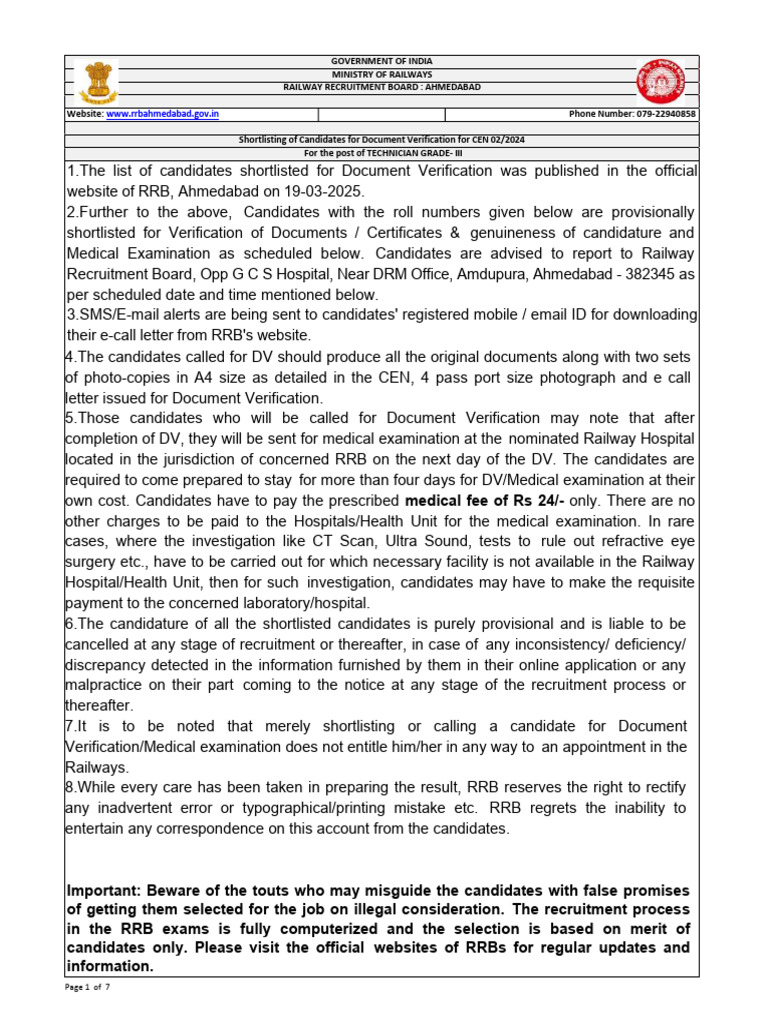 Document Verification Schedule Notice of CEN 02 2024 Technician III 2 | PDF
