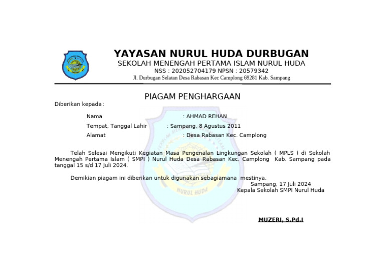 Piagam Penghargaan SMP 2024 | PDF