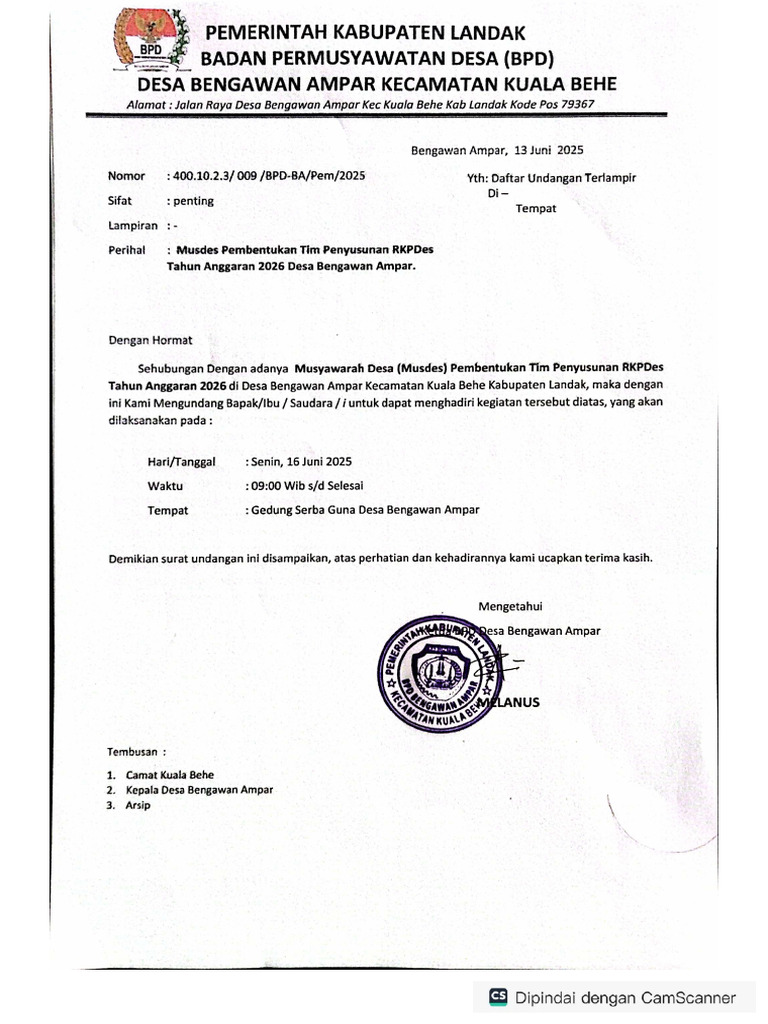 Undangan Musdes Pembentukan Tim Penyusunan RKPDes TH Anggaran 2026 Desa ...
