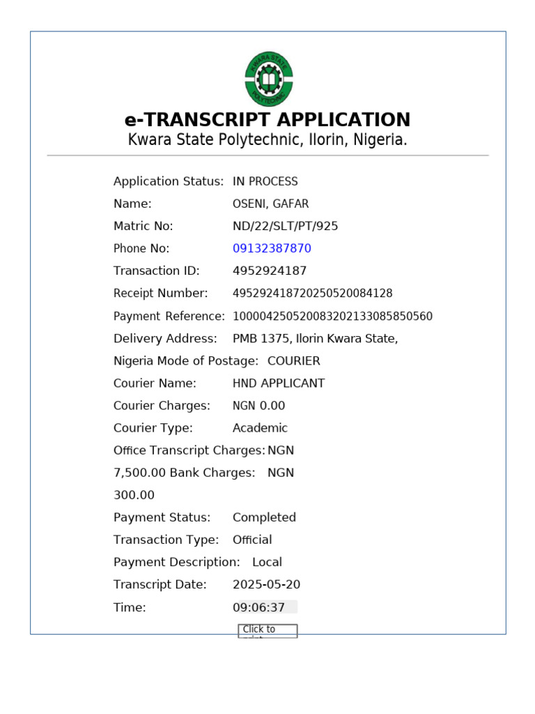 E-Transcript Application: Kwara State Polytechnic, Ilorin, Nigeria | PDF