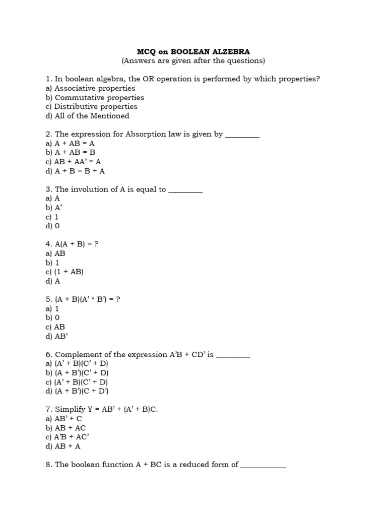 MCQ On Boolean Algebra Sts - 102457 | PDF | Logic Gate | Logic