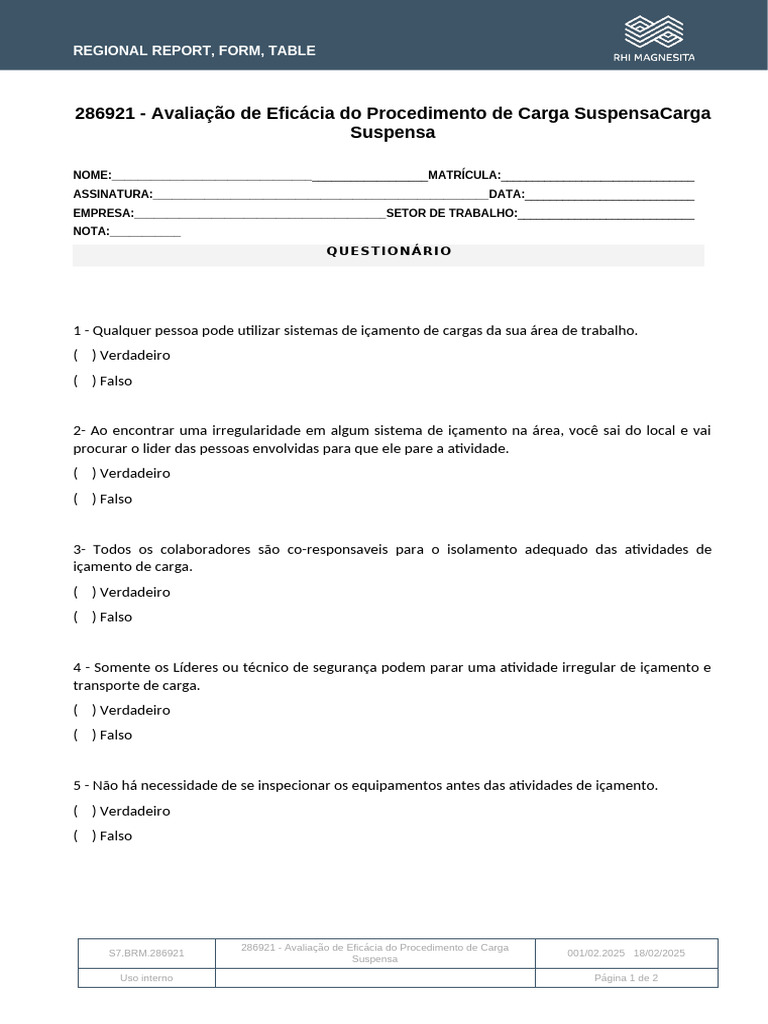 Avaliação de Procedimentos de Carga Suspensa | PDF