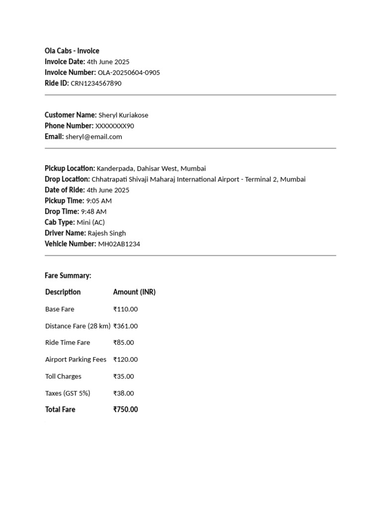 Ola Cabs Invoice - June 2025 | PDF