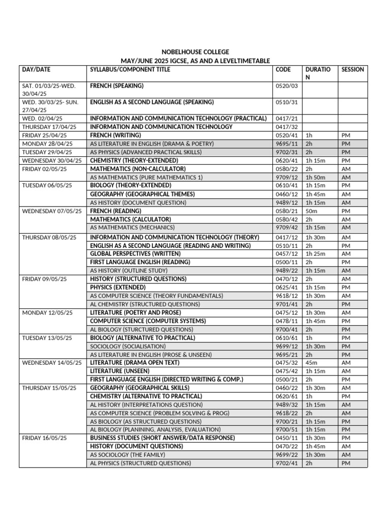 2025 As. Al. Igcse Timetable | PDF | Geography | Multiple Choice