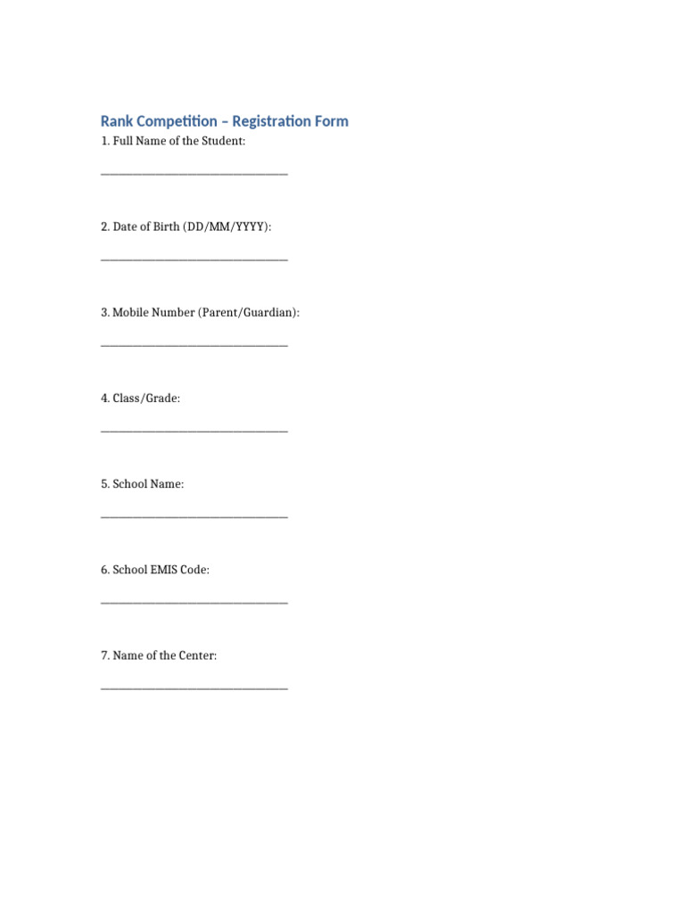Rank Competition Registration Form | PDF