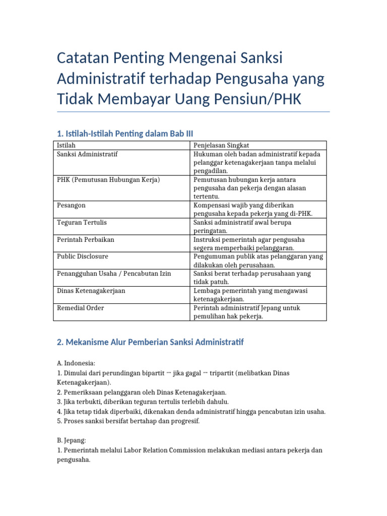 Catatan - Sanksi - Administratif - PHK Yang Perlu Diadopsi | PDF