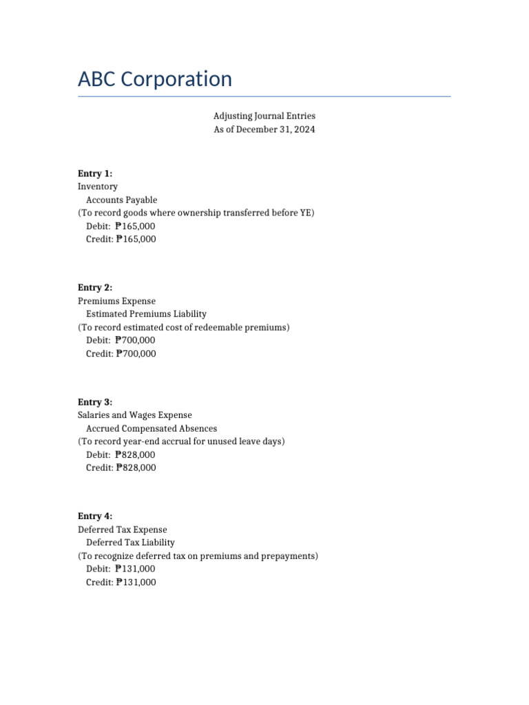Year-End Journal Entries for ABC Corp | PDF