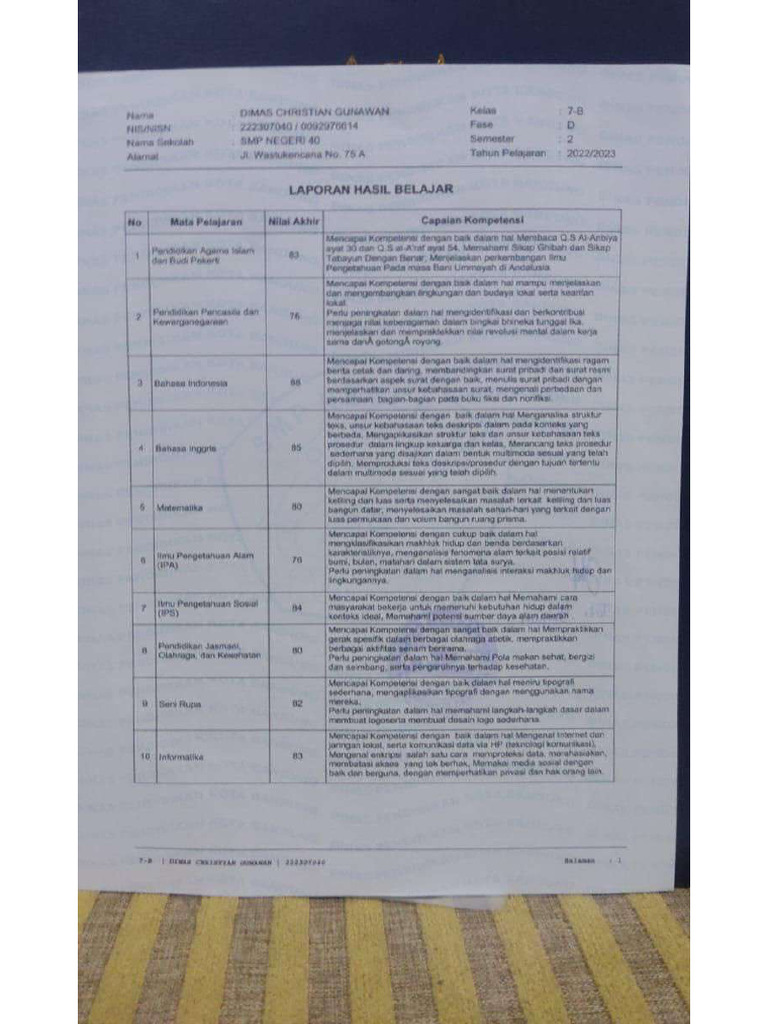 Contoh Rapot Semester 3 | PDF