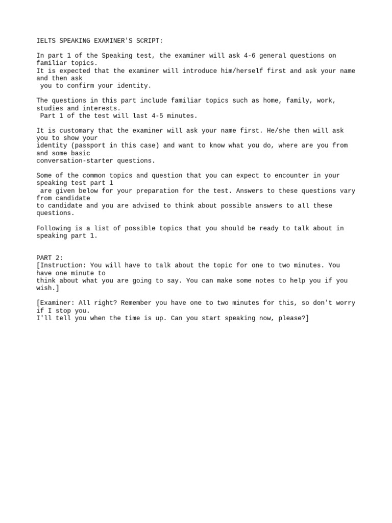 Ielts Speaking Examiner's Script | PDF