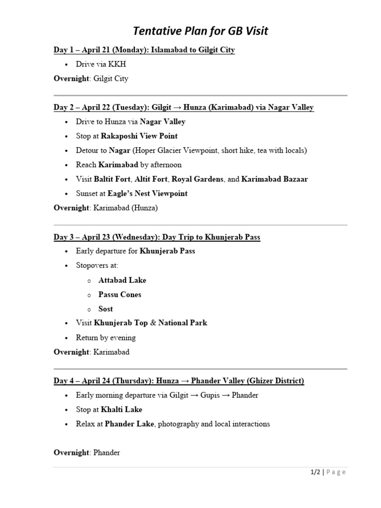 8-Day Itinerary for Gilgit-Baltistan Trip | PDF