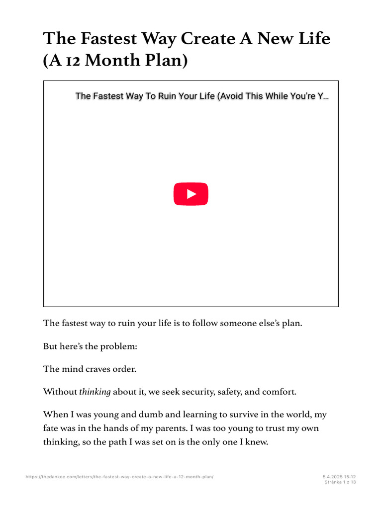 The Fastest Way Create A New Life (A 12 Month Plan) - Dan Koe | PDF ...