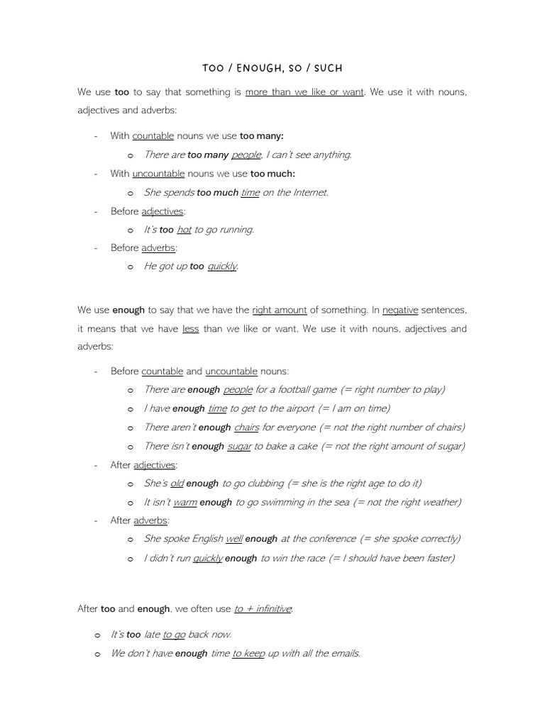 English Grammar - Too/enough, So/such | PDF | Noun | Adverb