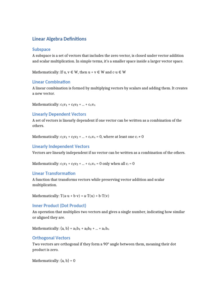 Key Linear Algebra Definitions | PDF