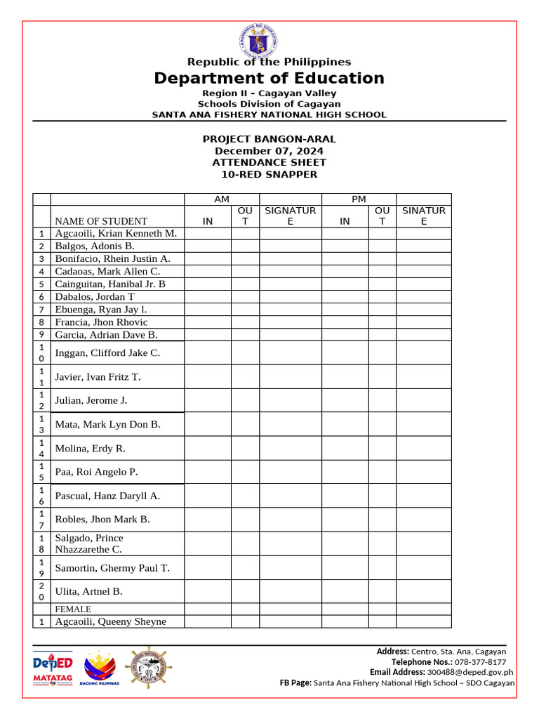 Attendance Template For Bangon Aral | PDF