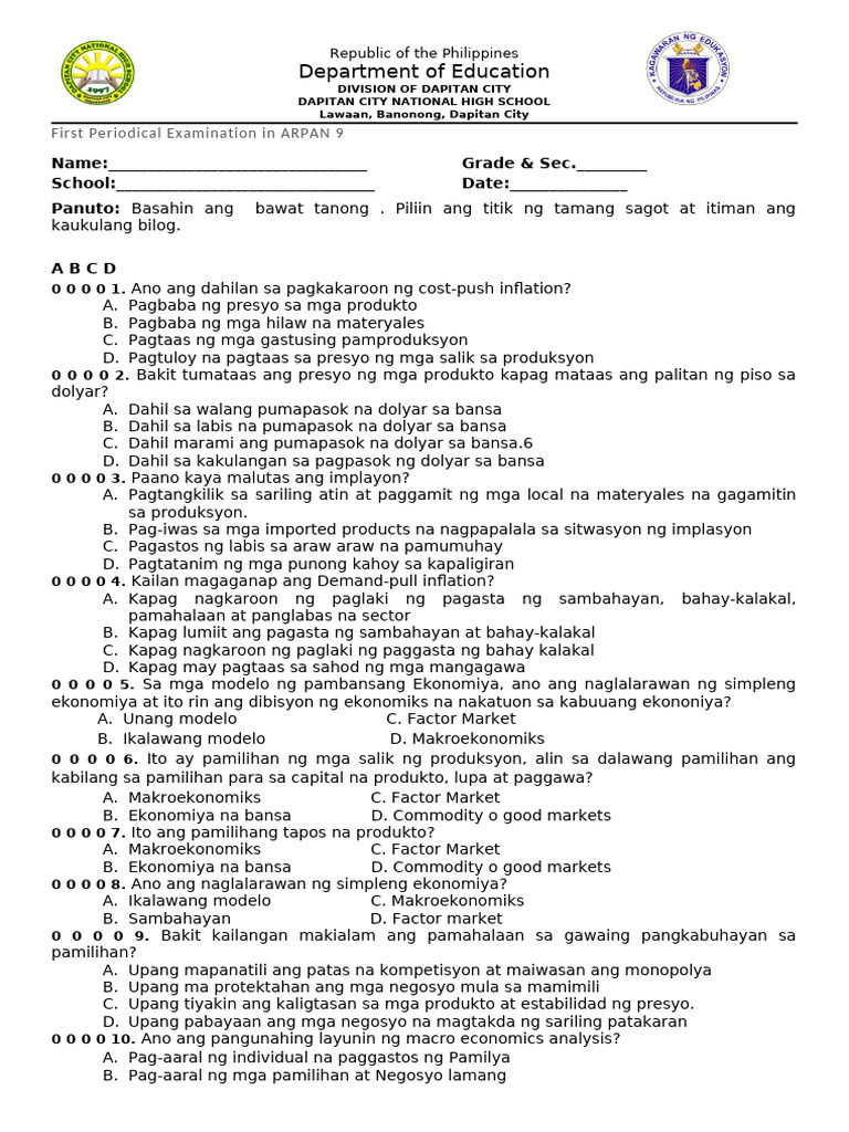 1st Quarter Exam Grade 910 2024 2025 | PDF