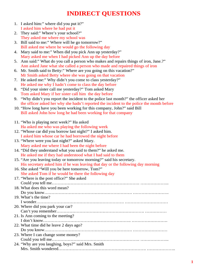 Indirect Questions Examples and Conversions | PDF