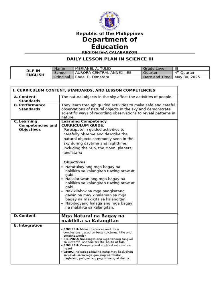 Final DLP Revised K 12 Matatag Science 3 | PDF