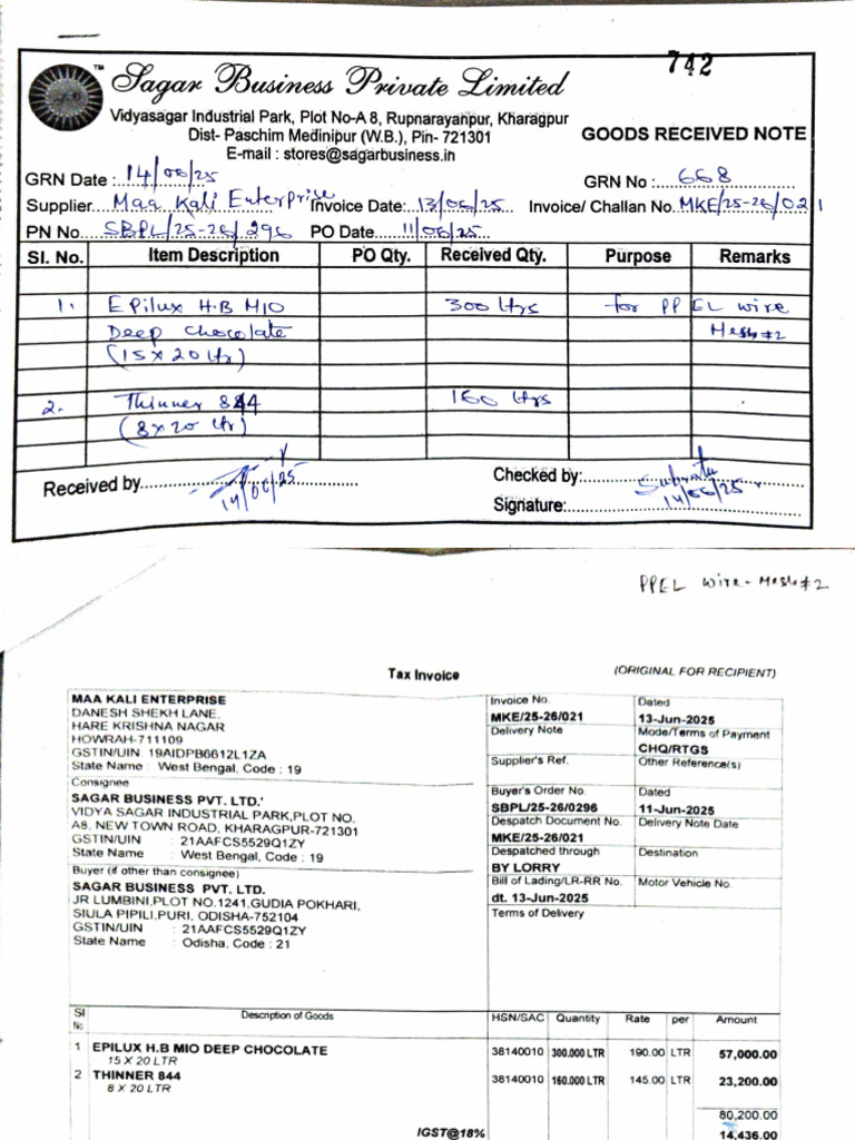 GRN for Sagar Business Pvt. Ltd. | PDF | Business Documents