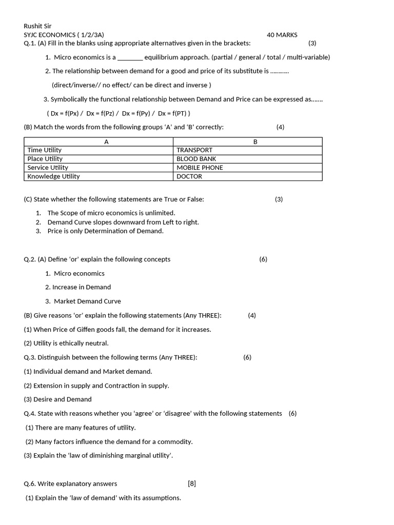 SYJC Economics Microeconomics Exam Guide | PDF
