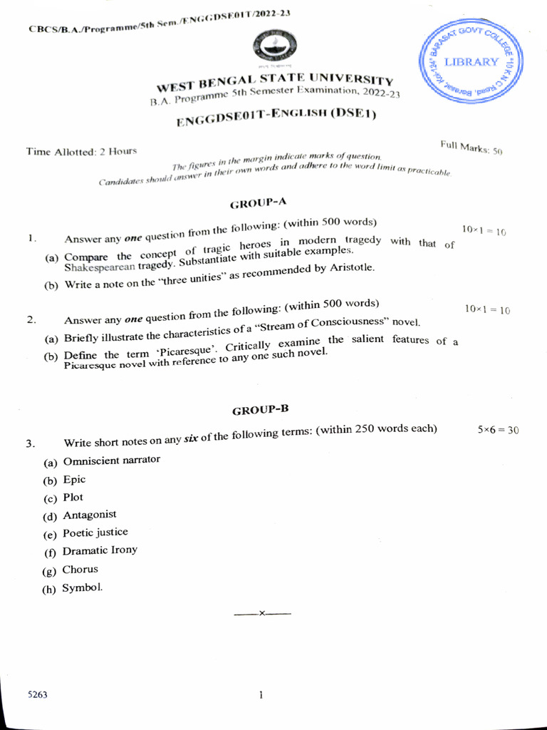 English (General) Questions (WBSU) Sem5 ENGG 2020-23 Library | PDF ...