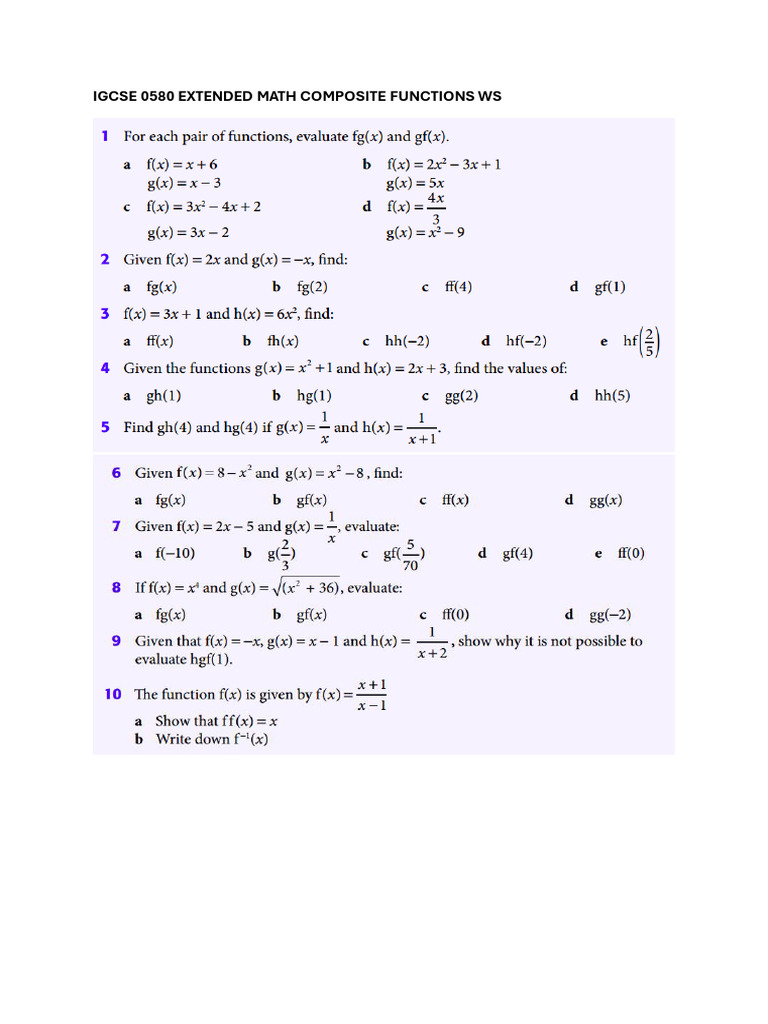 Igcse 0580 Extended Math Composite Functions Ws | PDF