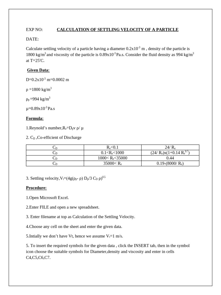 Settling Velocity Calculation Guide | PDF | Mechanical Engineering ...