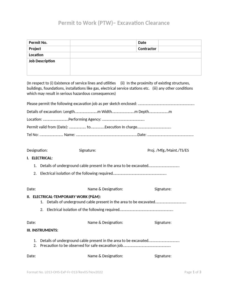 Excavation Clearance Permit Template | PDF | Safety | Occupational ...