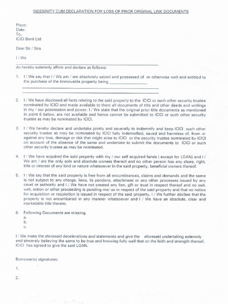 Indemnity For Loss Documents | PDF