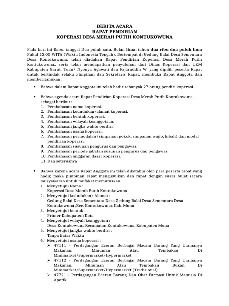 Berita Acara Pendirian Kopdes | PDF