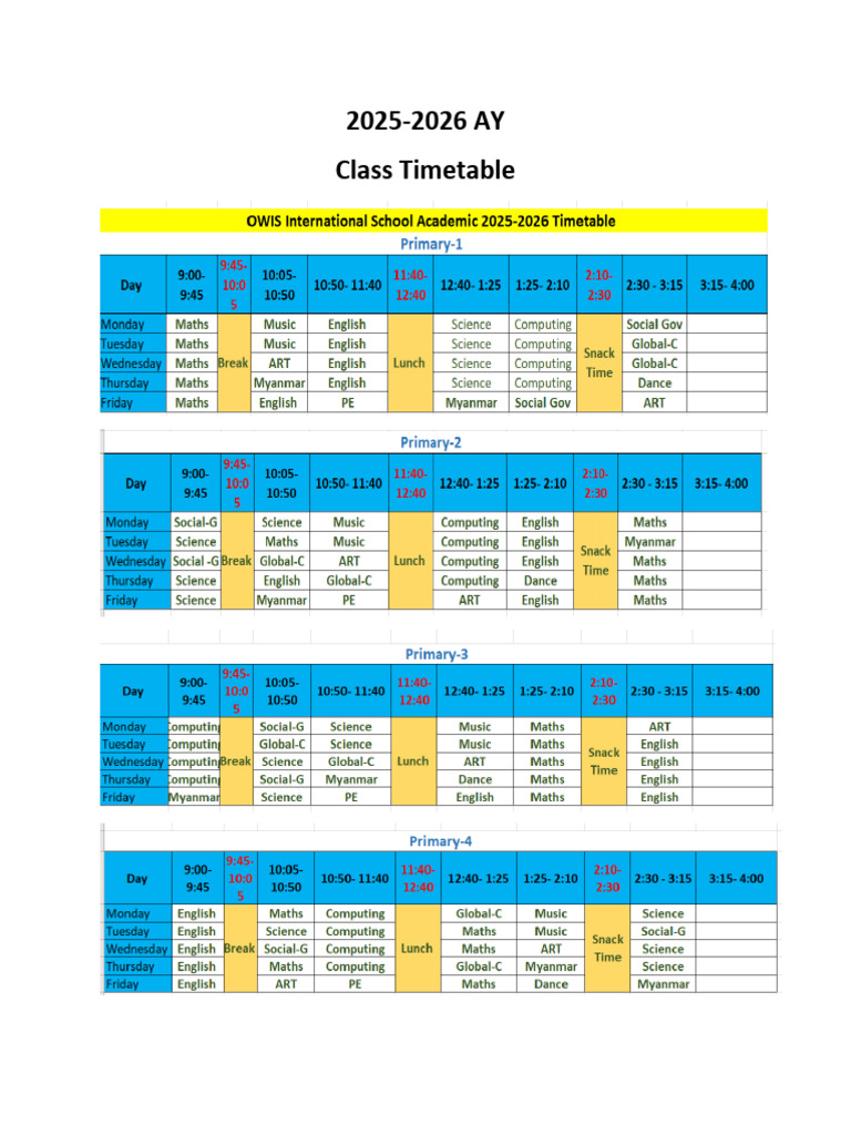 OWIS 2025-26 Class Timetable (Updated) | PDF