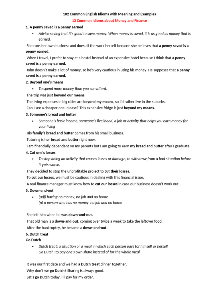 102 Common English Idioms With Meaning and Examples | PDF | Love | Dream