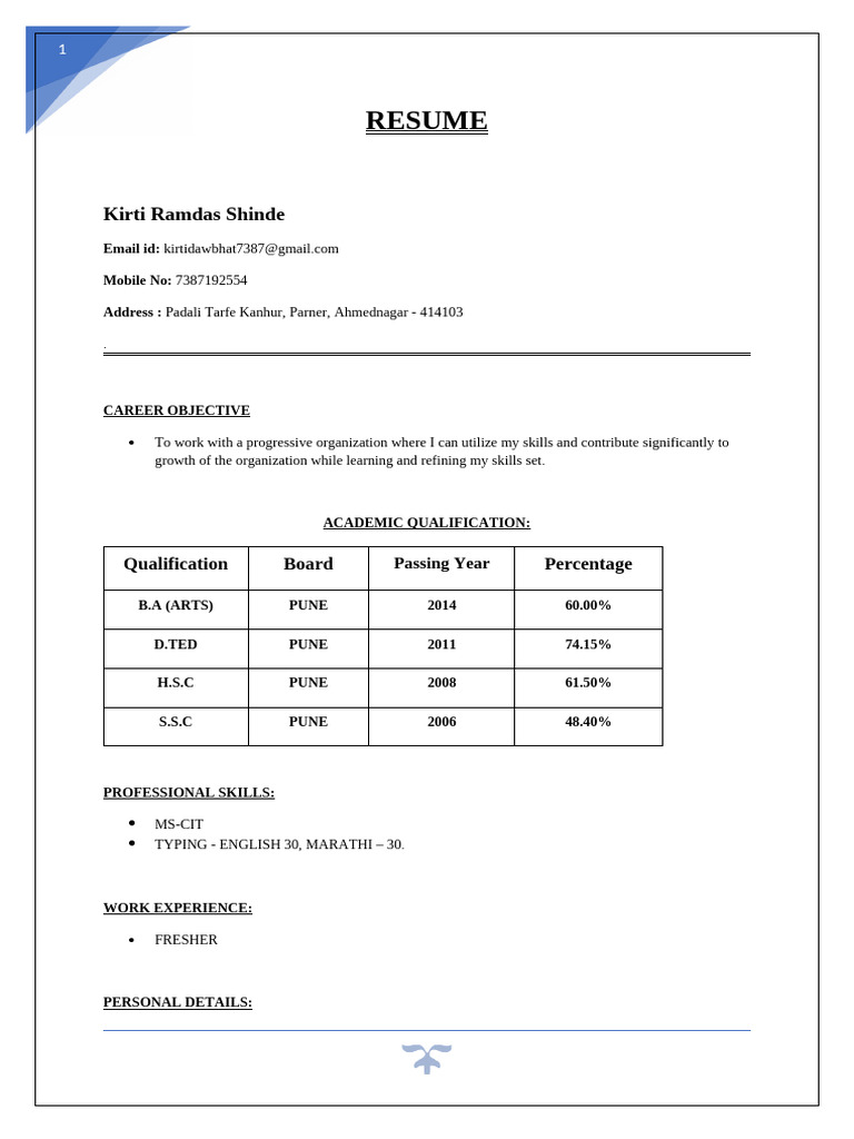 Simple Fresher Resume Format | PDF