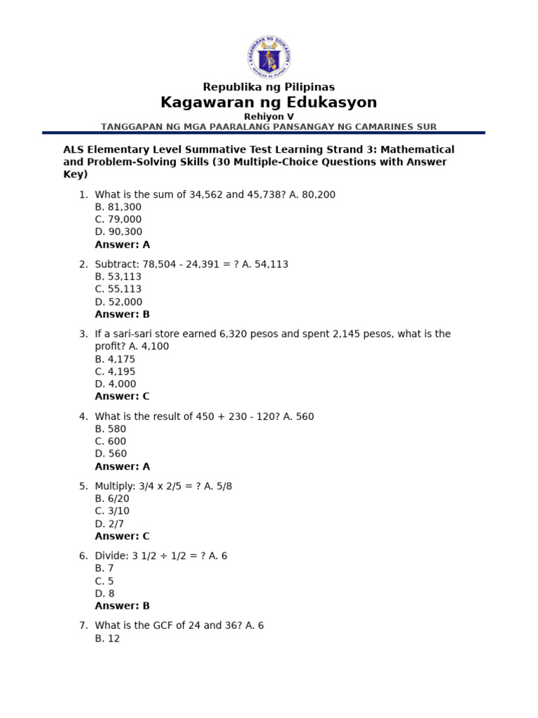 ALS Elementary Level Summative Test Learning Strand 3, 4 6 | PDF ...