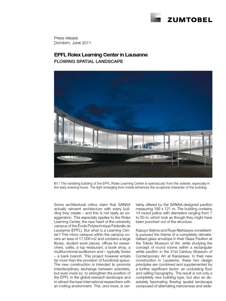EPFL Rolex Learning Center Overview | PDF | Lighting | Architectural ...