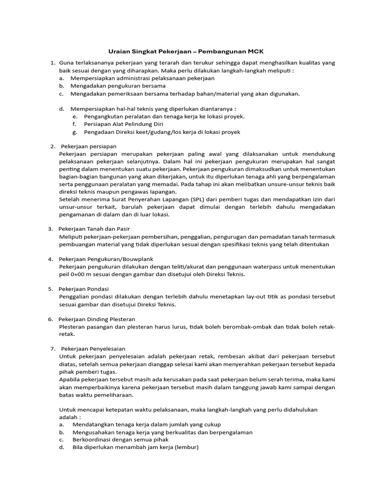 Uraian Singkat Pekerjaan MCK | PDF