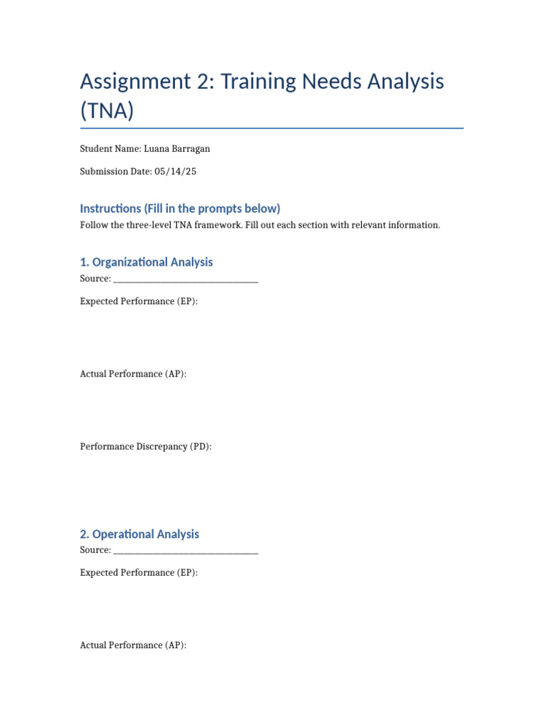 Assignment 2 TNA Student Fillable | PDF