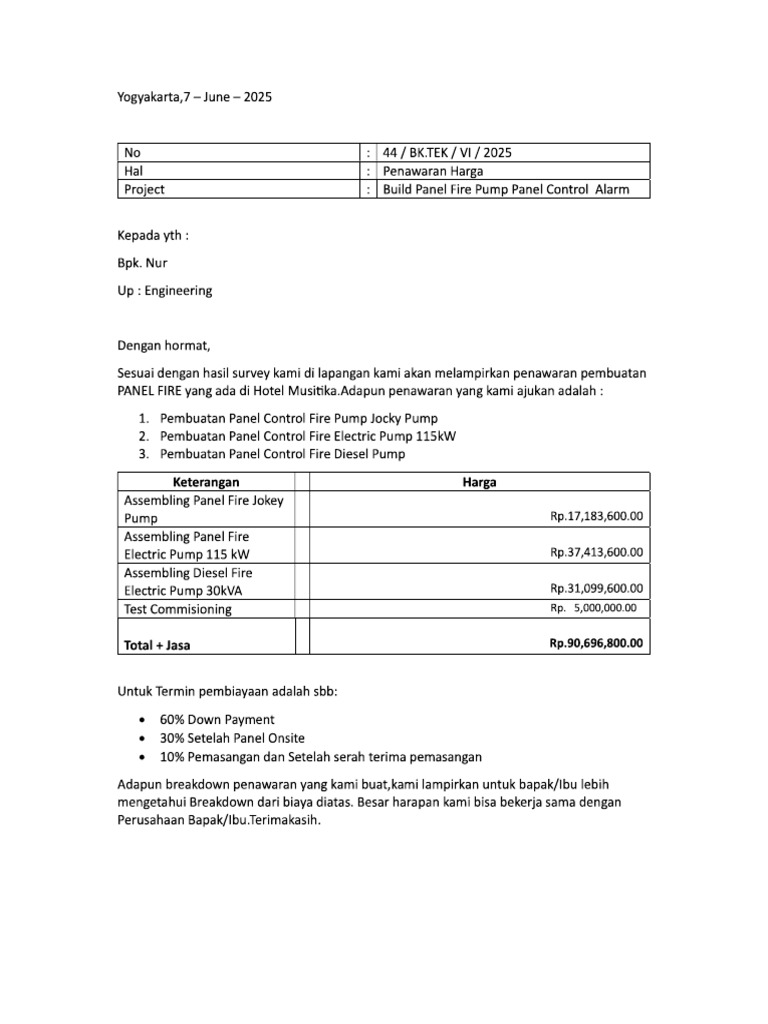Penawaran Harga Panel Fire Pump Panel Hotel Mustika | PDF