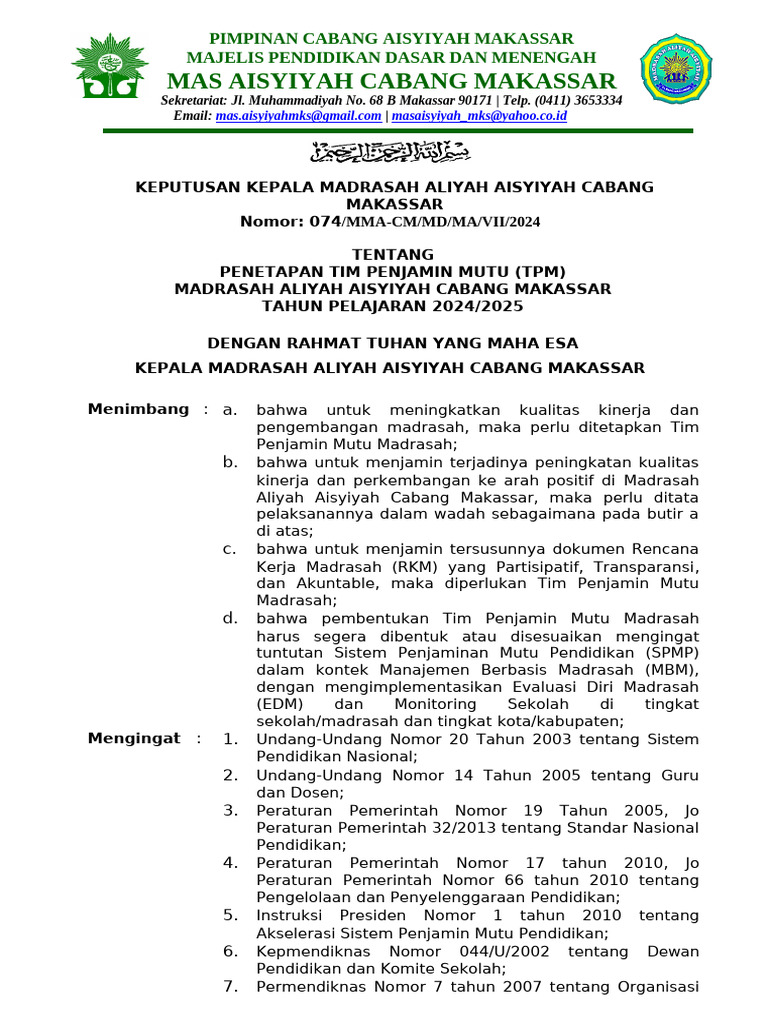 Penetapan Tim Penjamin Mutu 2025 | PDF