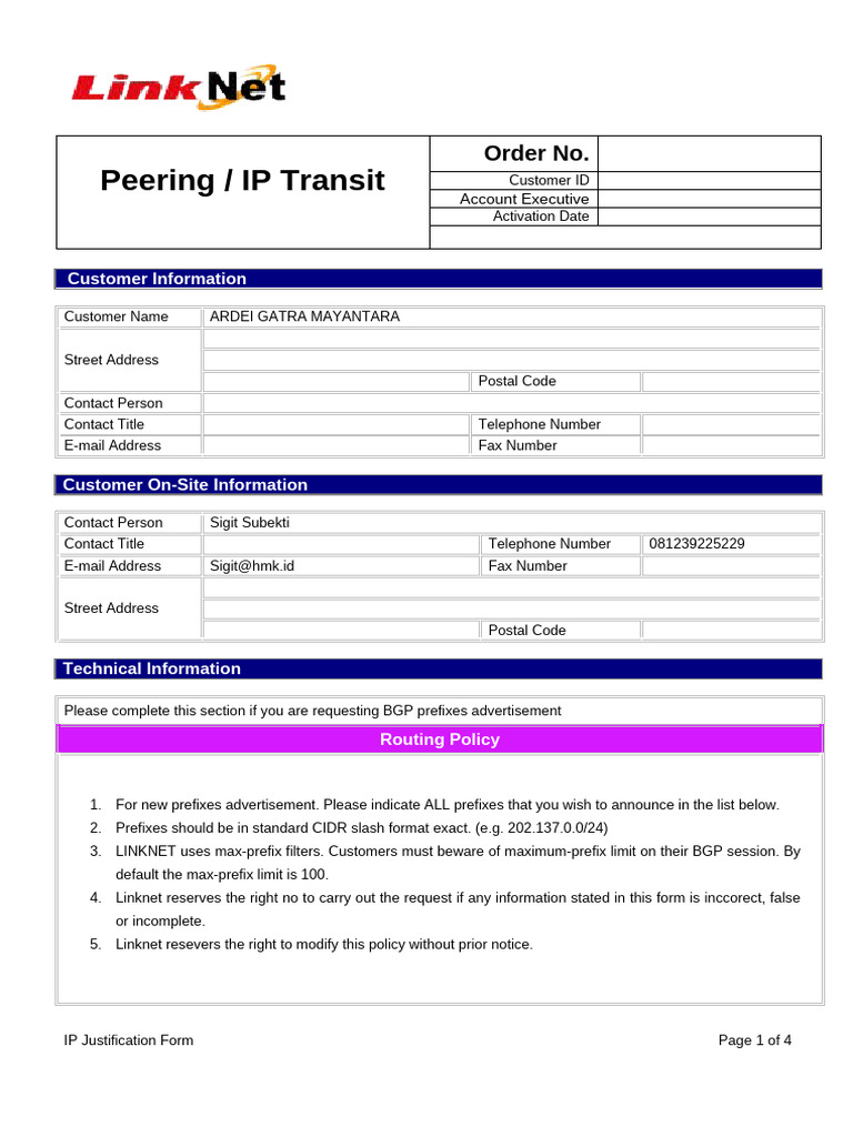 Peering-Ip Transit Form Ardei Gatra Mayantara | PDF | Ip Address | Internet Standards