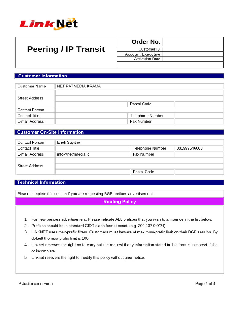 IP Transit Peering Request Form | PDF | Ip Address | Computing
