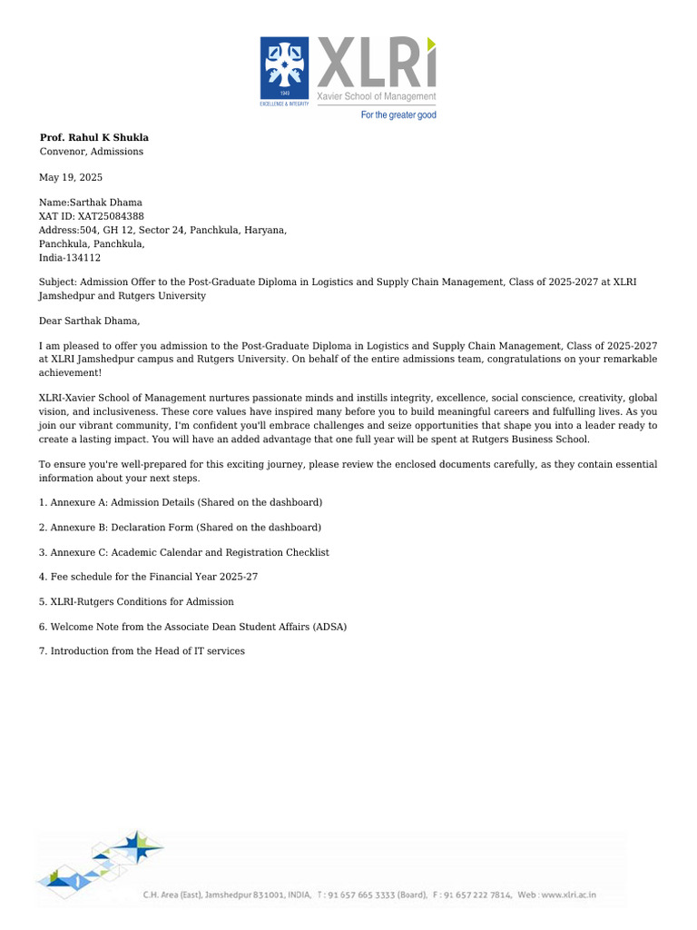 XLRI Rutgers Offer Letter XAT25084388 | PDF | Educational Stages