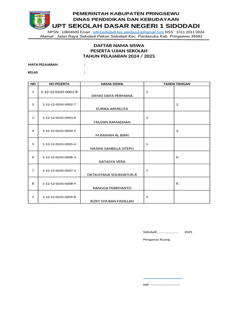 Daftar Hadir Peserta Ujian Sekolah | PDF
