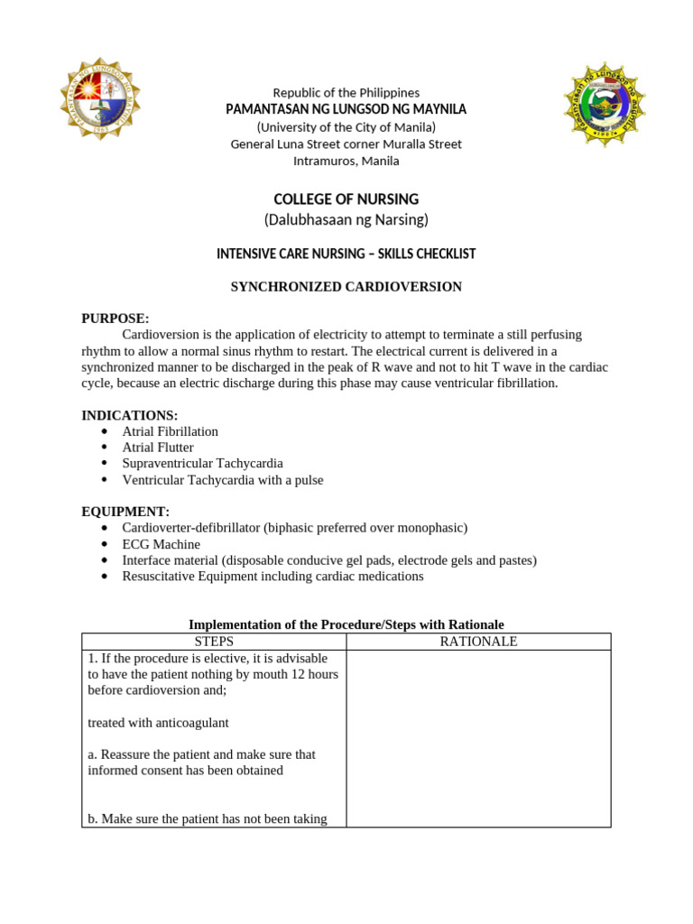 Cardioversion Checklist For Students | PDF | Cardiology ...
