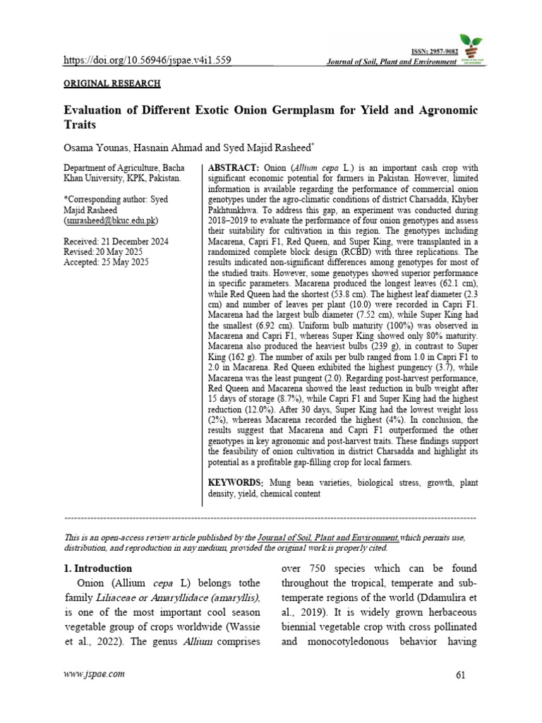 Evaluation of Different Exotic Onion Germplasm For Yield and Agronomic ...