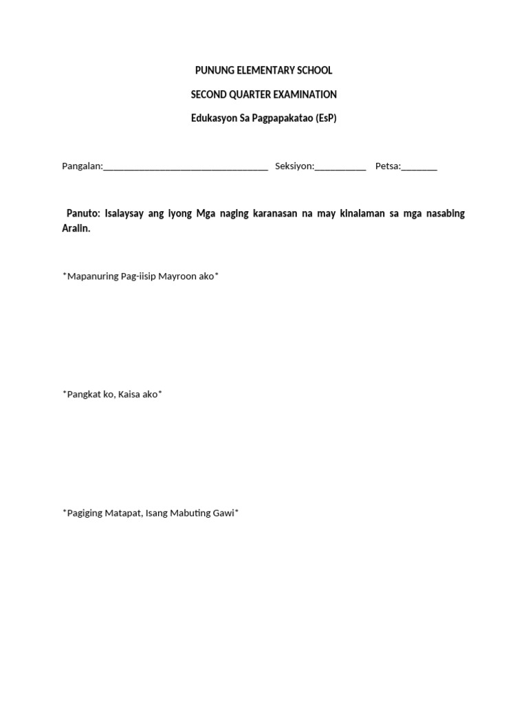 Punung Elementary School Second Quarter Examination Edukasyon Sa Pagpapakatao (Esp) | PDF