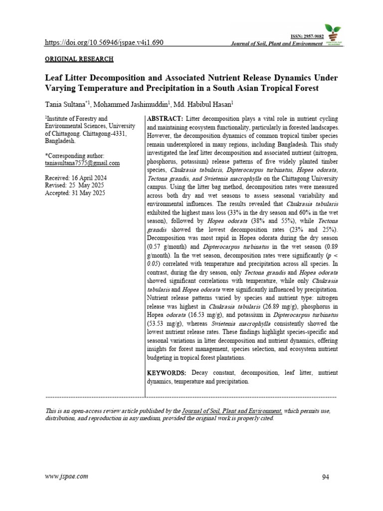 Leaf Litter Decomposition and Associated Nutrient Release Dynamics ...