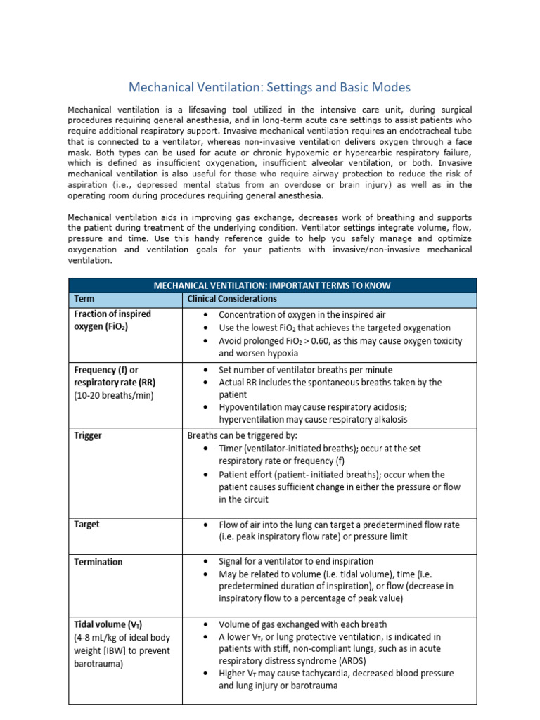 Pocket Card Mechanical Ventilation Settings and Basic Modes November ...