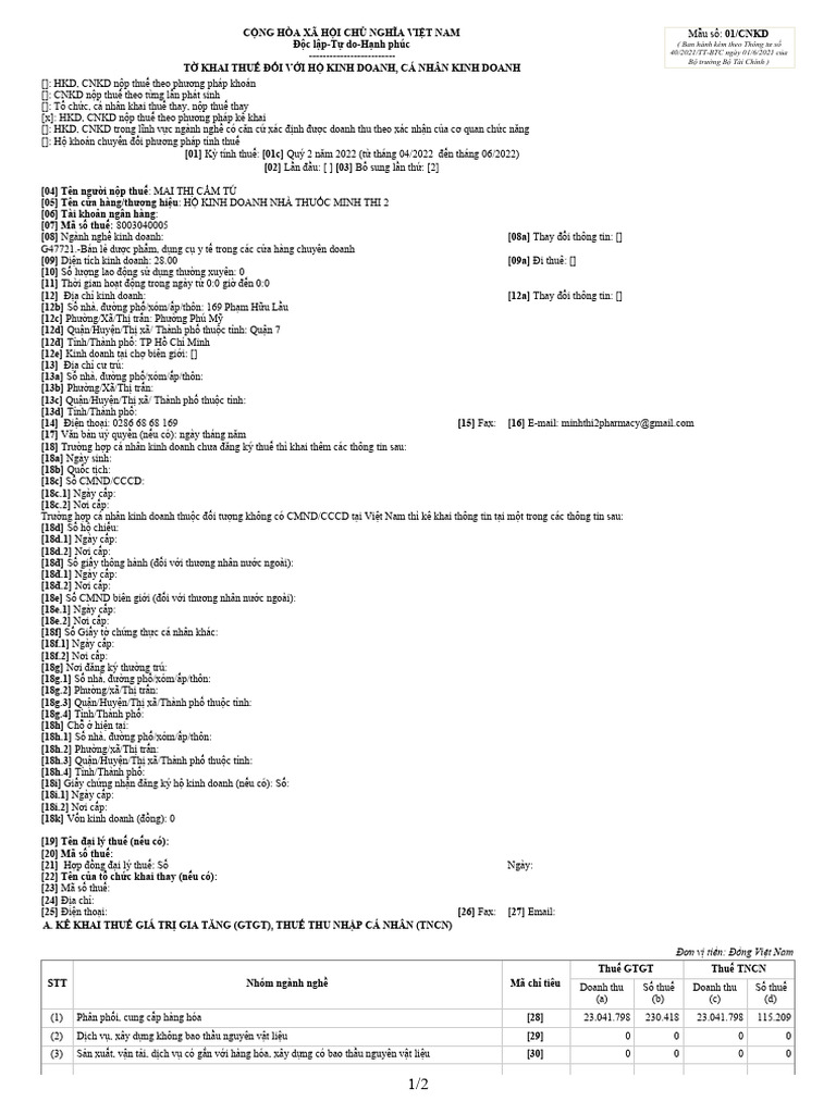 To Khai Thue Q2.2022 - BS2 | PDF