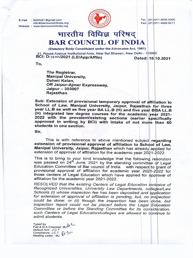 Bar Council Approval Letter | PDF